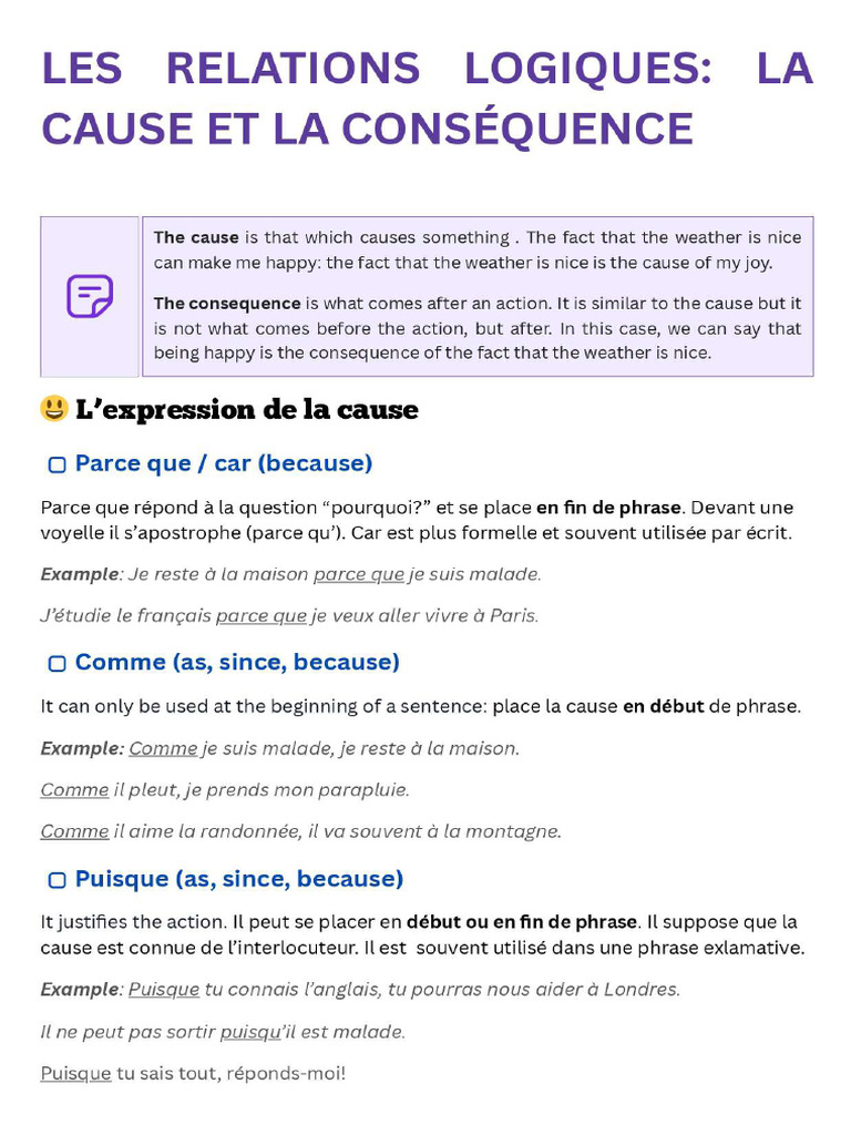 Les Relations Logiques - La Cause Et La Conséquence | PDF