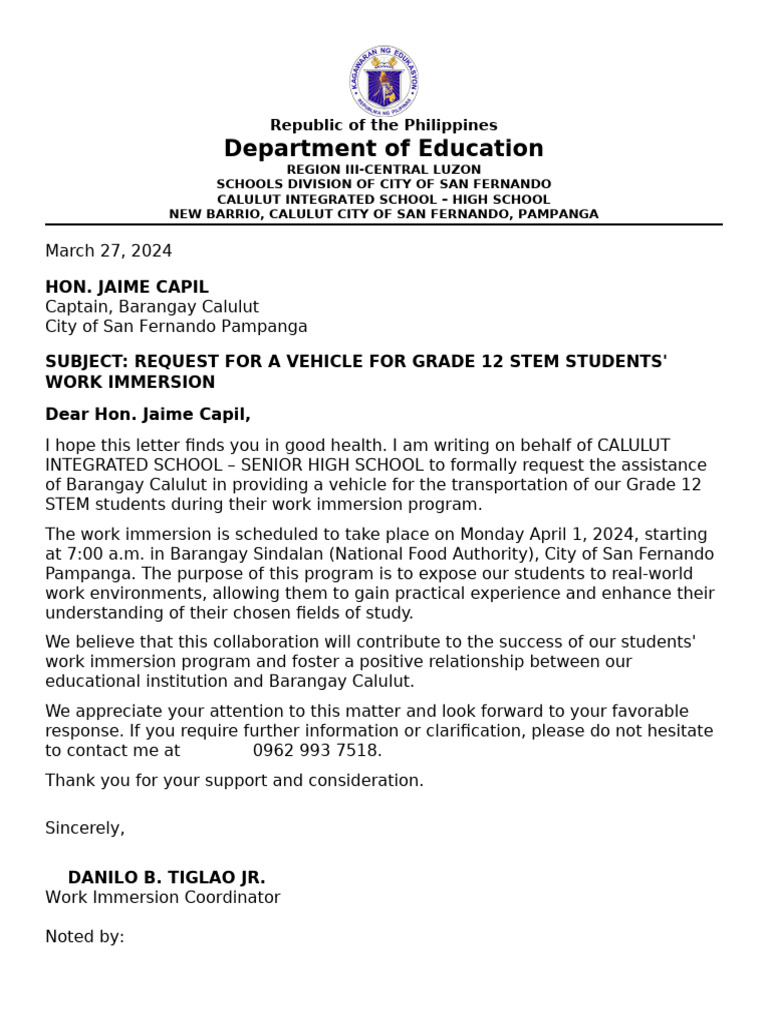 Vehicle Request Letter | PDF