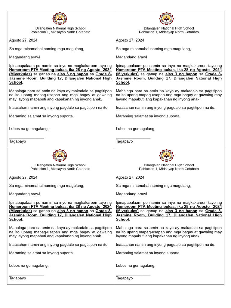 HPTA Communication Letter | PDF