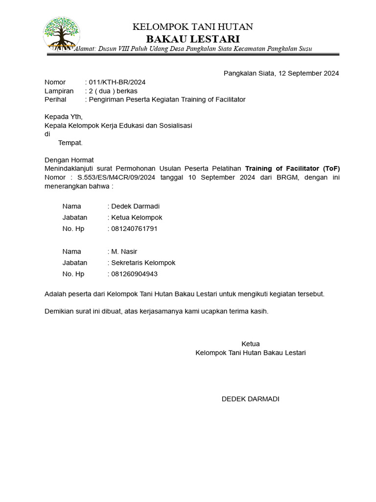 Biodata Calon Peserta Pelatihan KTH Bakau Lestari | PDF