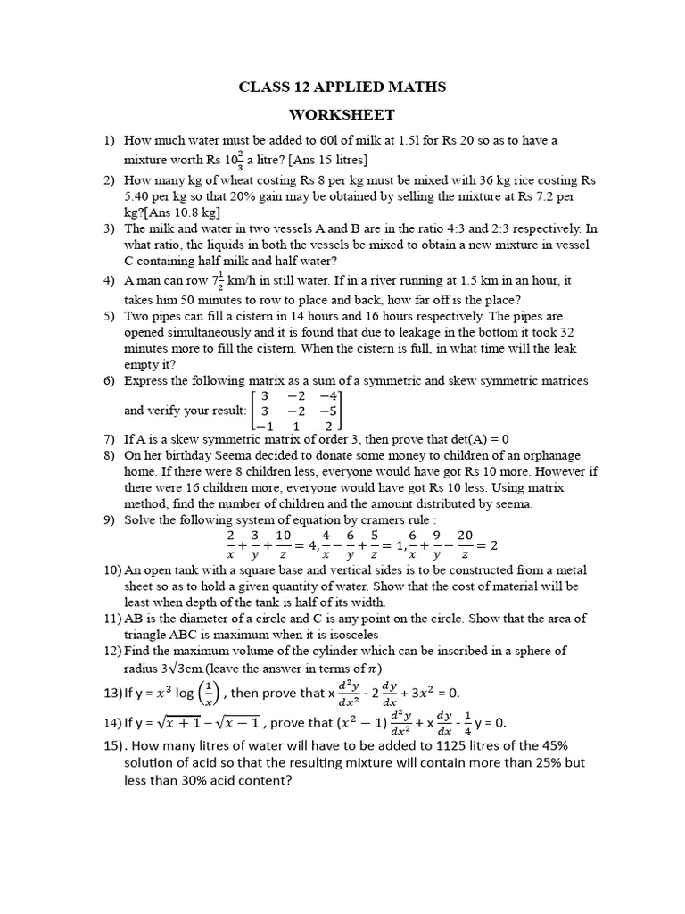 Class 12 Applied Maths Worksheet | PDF