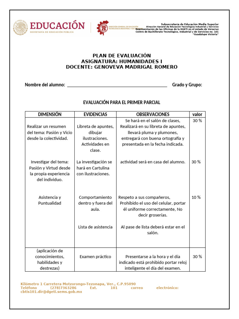 PLAN DE EVALUACION - Humanidades I | PDF | Evaluación