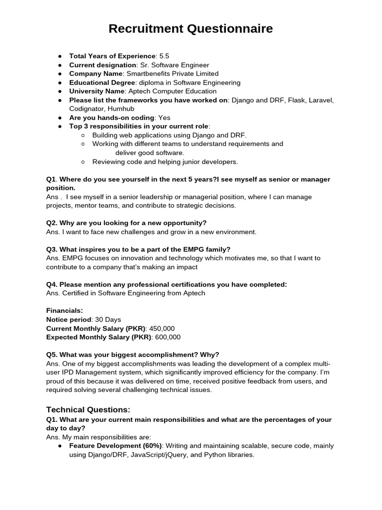 Recruitment Questionnaire - Dubizzle Lab | PDF