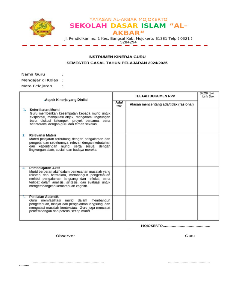Instrumen Rpp-Obser Kelas-Wawancara | PDF