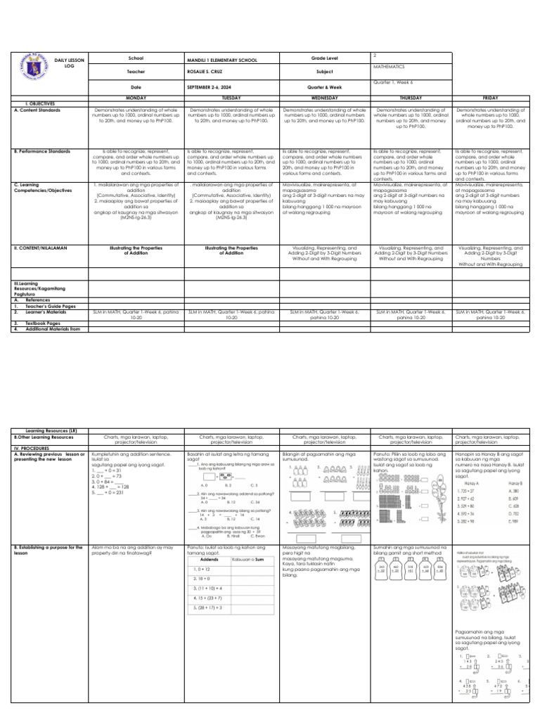 Grade 2-DLL Week 6 - Math | PDF