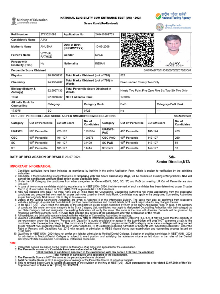 Ajay Neet Score Card | PDF