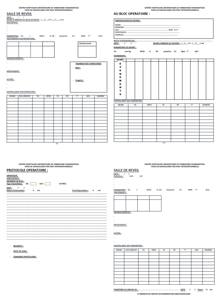 FICHE DE SURVEILLANCE PER POST OPERATOIRE A3 | PDF
