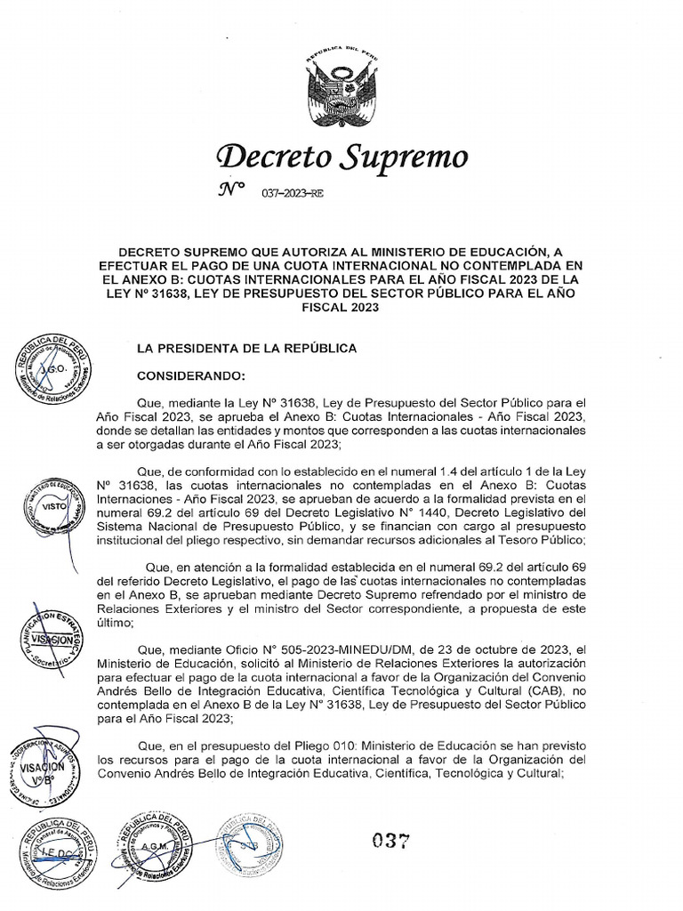 Decreto Supremo N 037 2023 Re | PDF