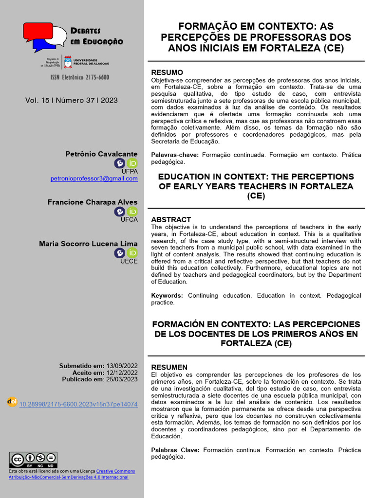 Formacao em Contexto Nas Percepcoes de Professoras Dos Anos Iniciais em Fortaleza | PDF