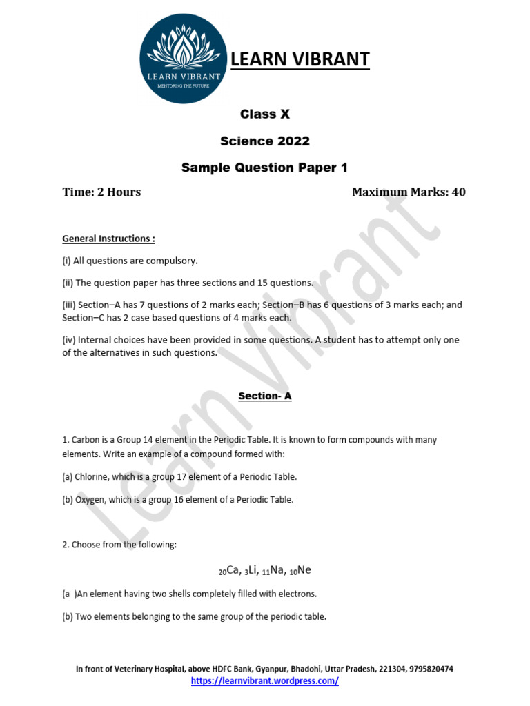 Class 10 Science SQP 1 | PDF