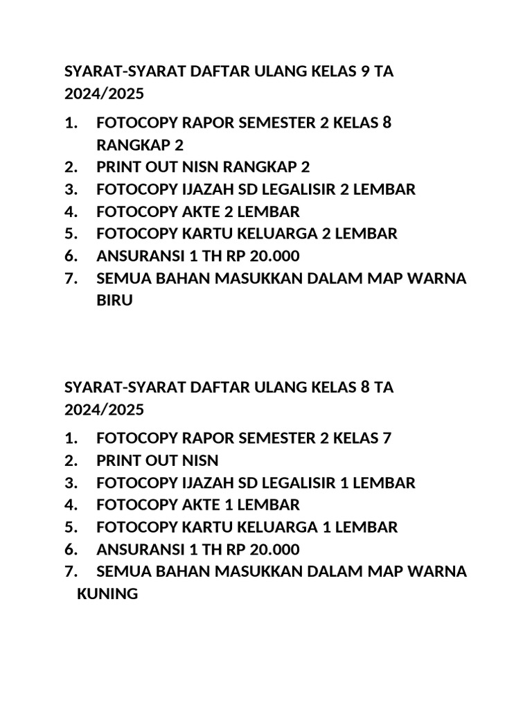 Syarat Daftar Ulang Kls 8&9 TH 2024 | PDF