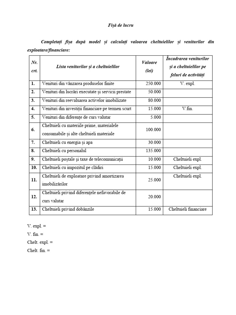Fișă de Lucru Cheltuieli Și Venituri | PDF