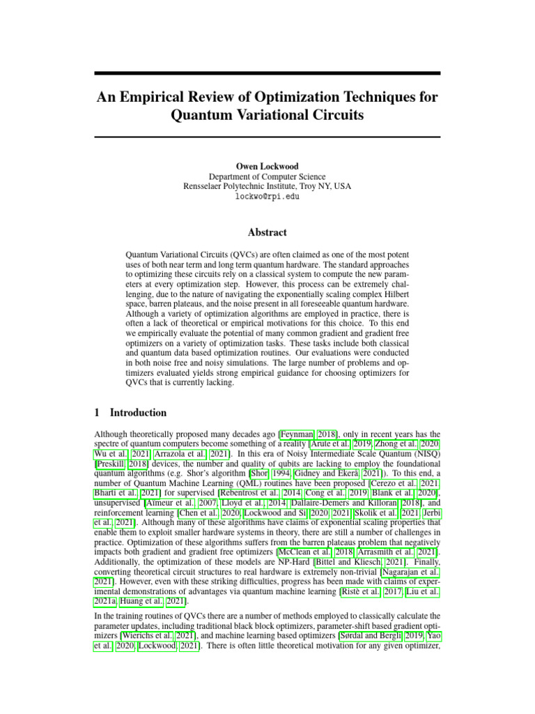 An Empirical Review of Optimization Techniques For Quantum Variational Circuits | PDF