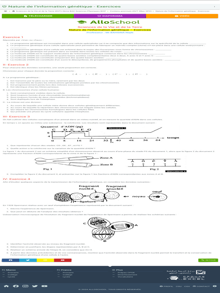 Nature de L'infoation Génétique - Exercices - AlloSchool | PDF