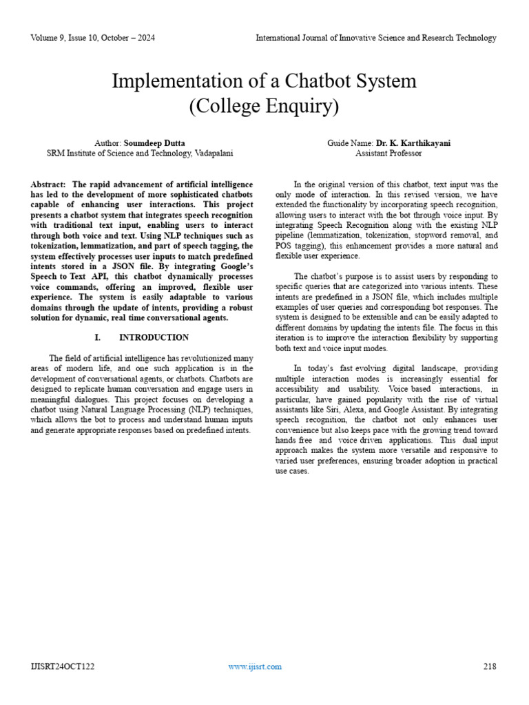 Implementation of A Chatbot System (College Enquiry) | PDF | Speech ...