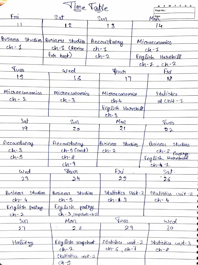 Class 11 Time Table For Mid Term Exam | PDF