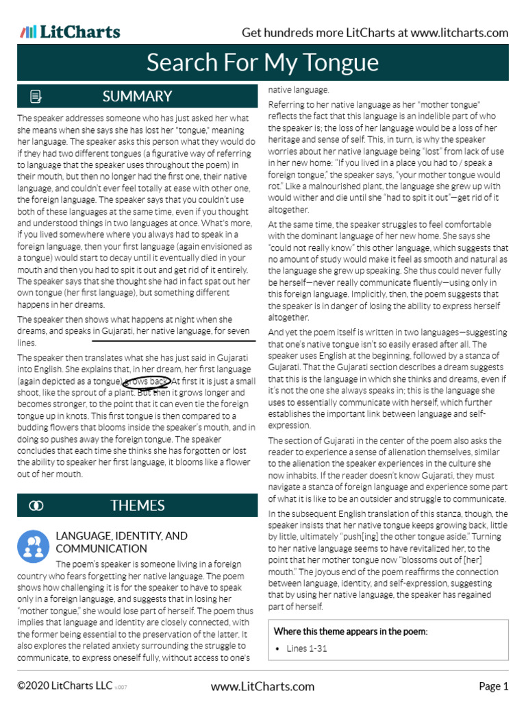 LitCharts Search For My Tongue | PDF