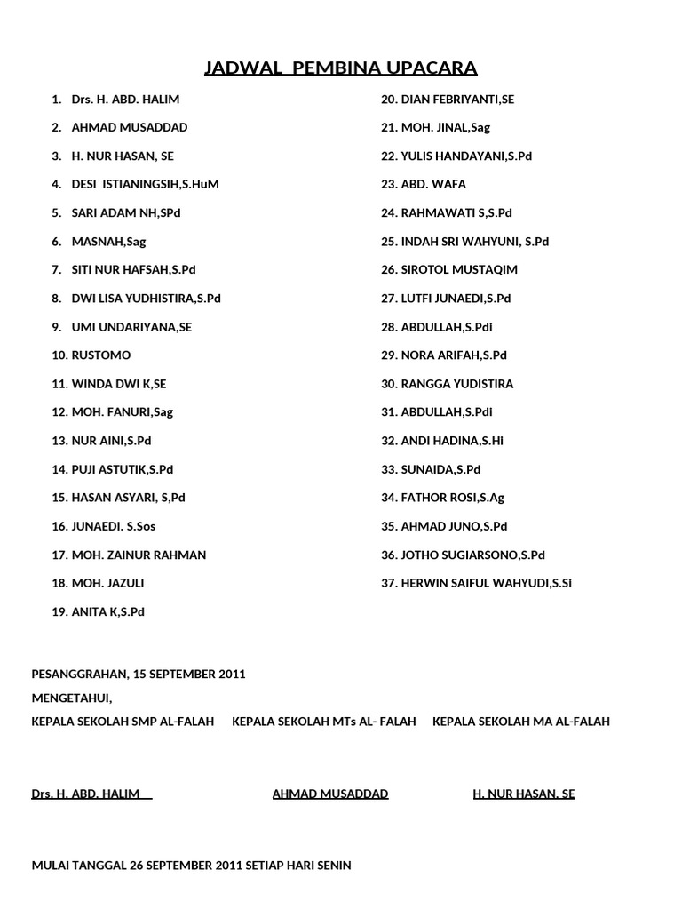 JADWAL PEMBINA UPACARA | PDF