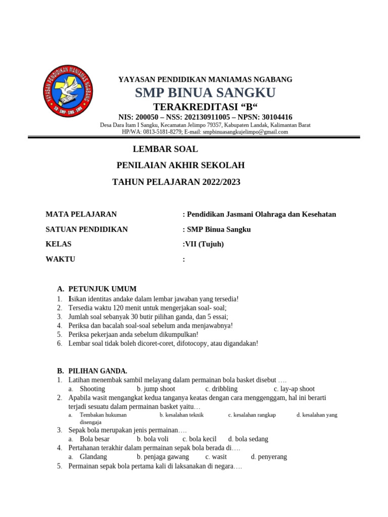 Soal PAS PJOK KLS 7 | PDF