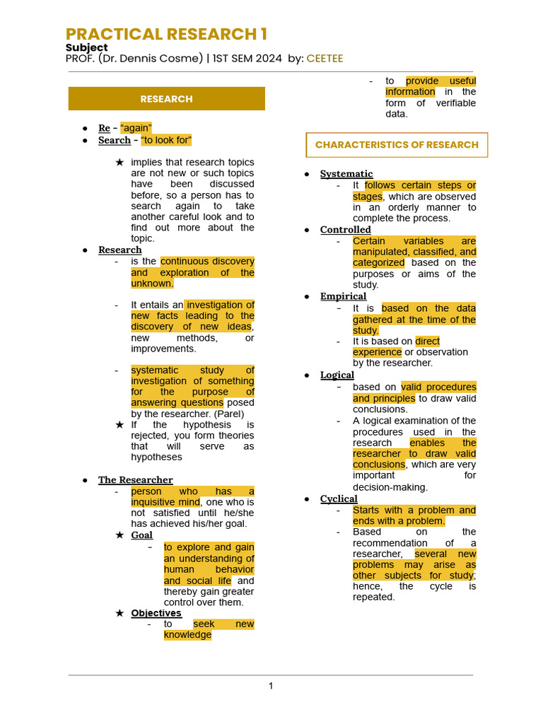 Practical Research 1st Semester Reviewer (Highlighted) | PDF