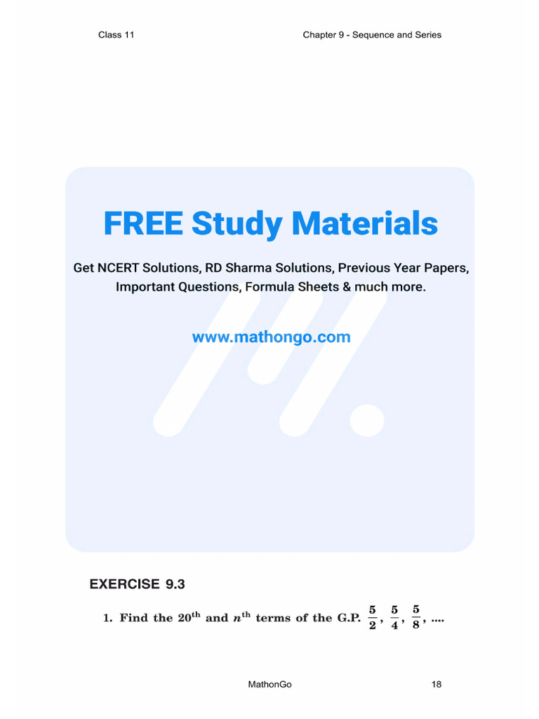 NCERT Solutions Class 11 Maths Chapter 9 Sequence and Series | PDF