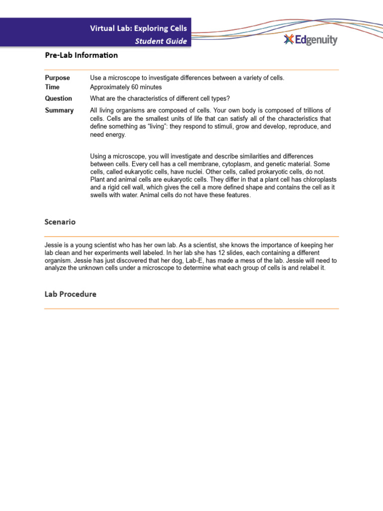 Virtual Lab Guide - Exploring Cells | PDF