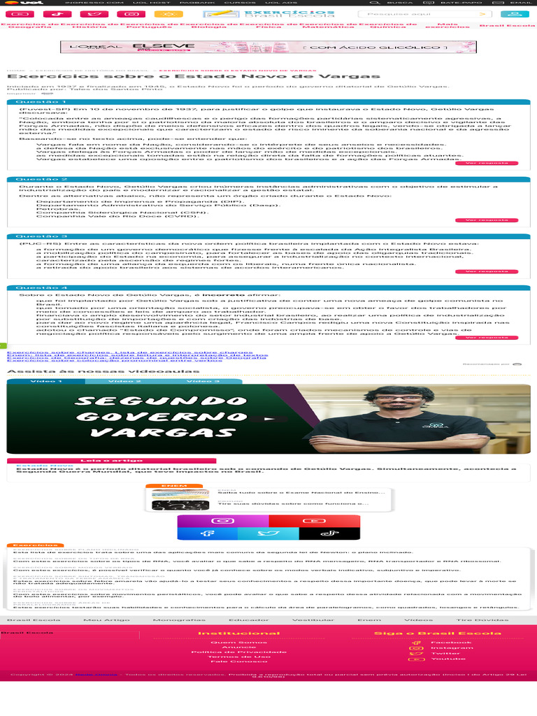 Lista de Exercícios Sobre o Estado Novo de Vargas. Vargas e o Estado Novo | PDF