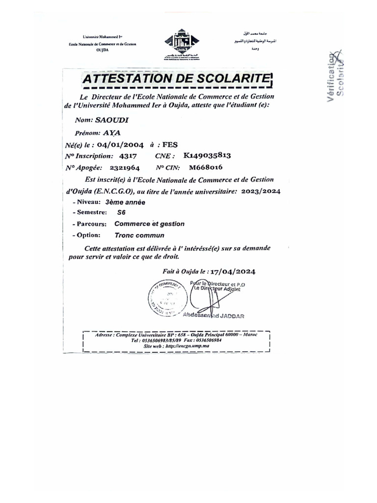 Attestation de Scolarité | PDF