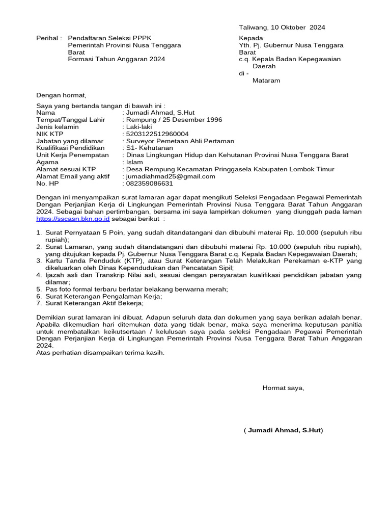 Format Surat Lamaran PPPK Tahun 2024 | PDF
