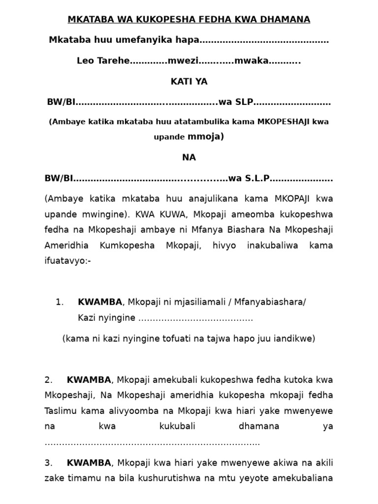 Mkataba Wa Kukopesha Fedha Kwa Dhamana | PDF