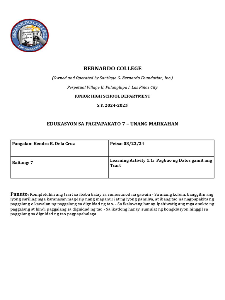 Esp 7 Learning Activity 1.1 Kendra Delacruz | PDF