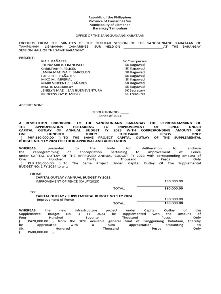SK Tampuhan Supplemental Budget 2024 | PDF