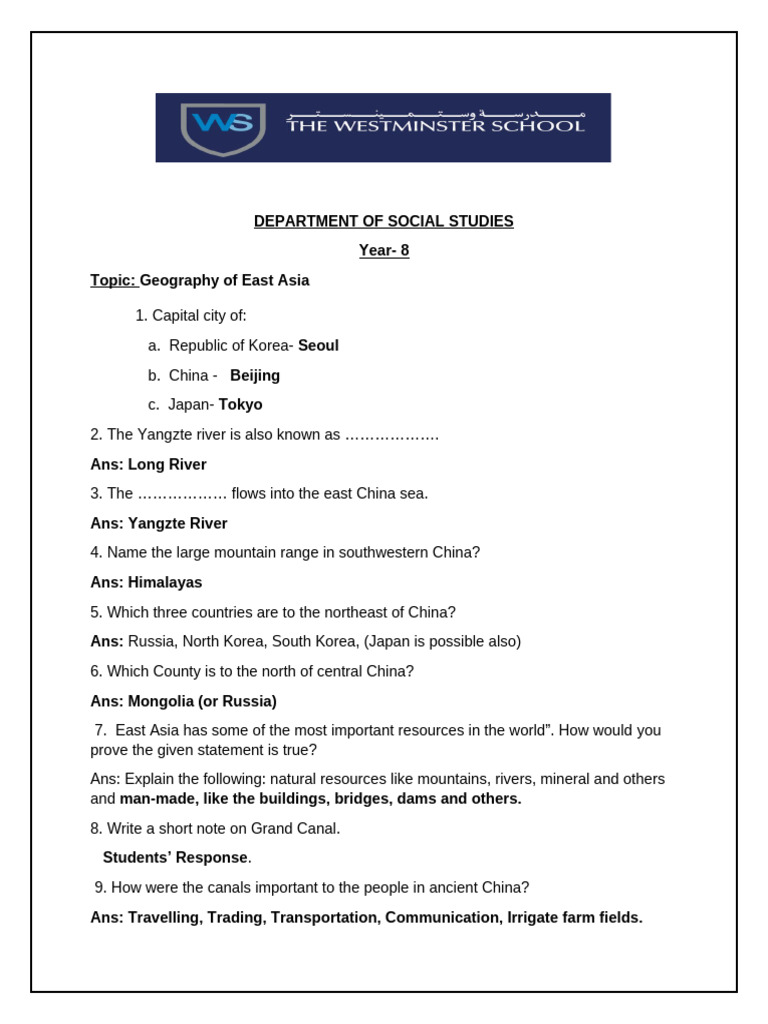 Yr8 - SST - Geography of East Asia - Worksheet Answer Key | PDF