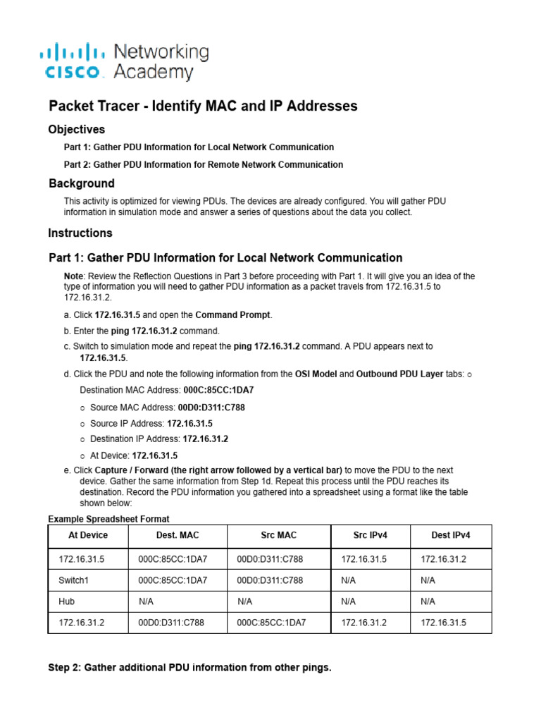 9.1.3 Packet Tracer - Identify Mac and Ip Addresses | PDF