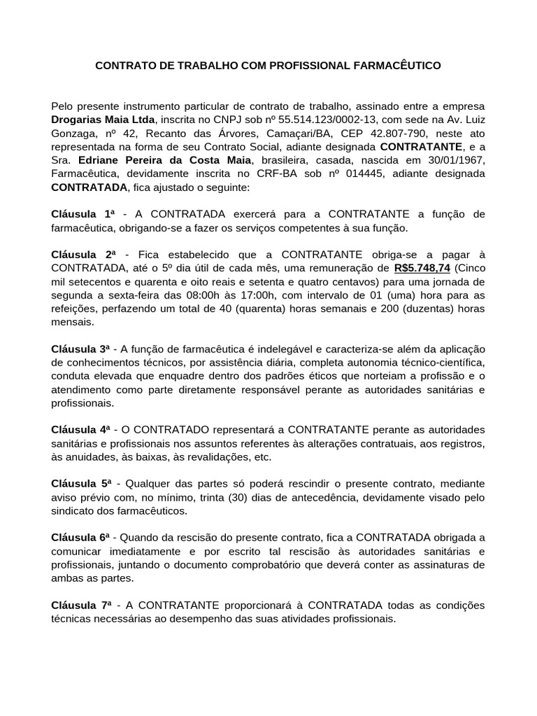 Contrato de Trabalho Farmaceutico Edriane | PDF