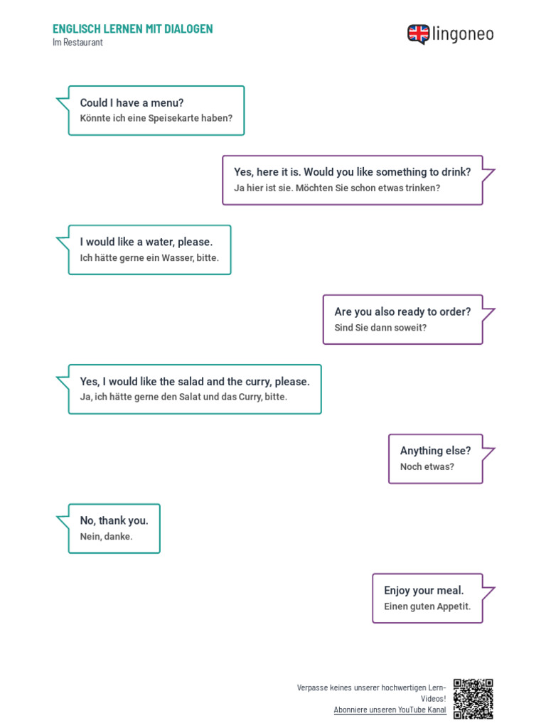 Im Restaurant Teil 1 - Dialog (Mit Uebersetzungen) | PDF