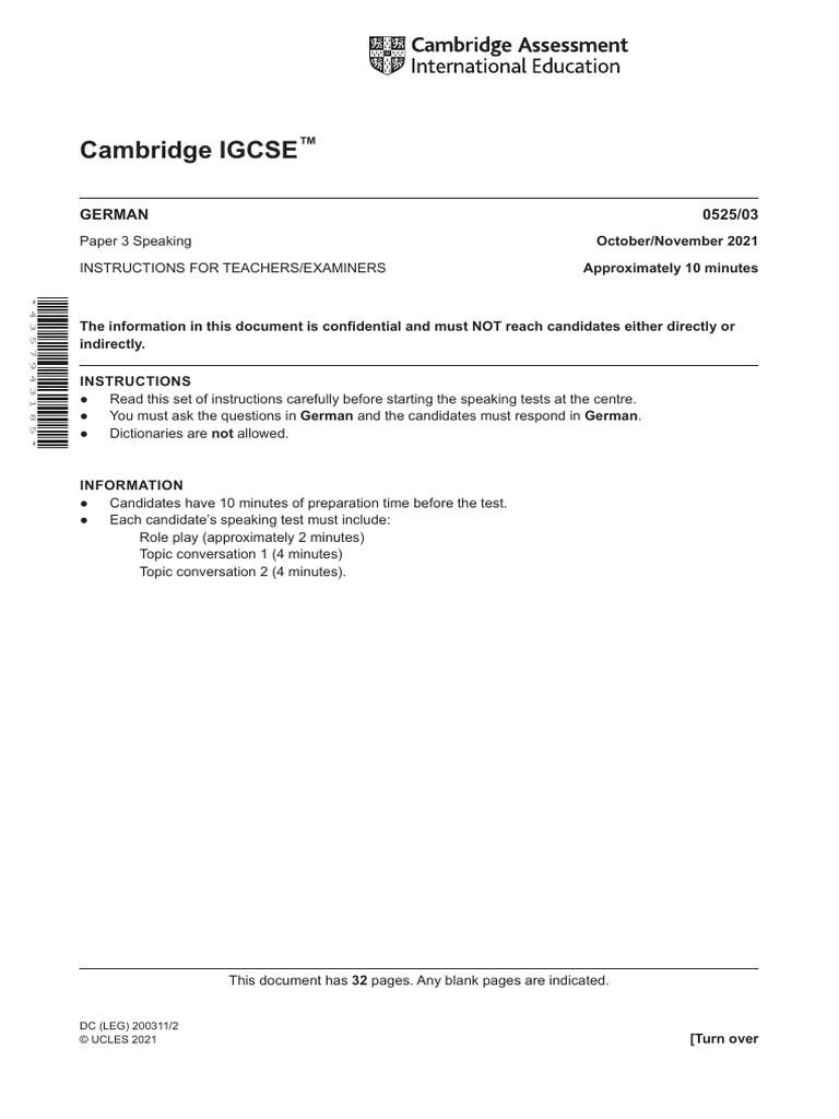 Cambridge IGCSE: GERMAN 0525/03 | PDF