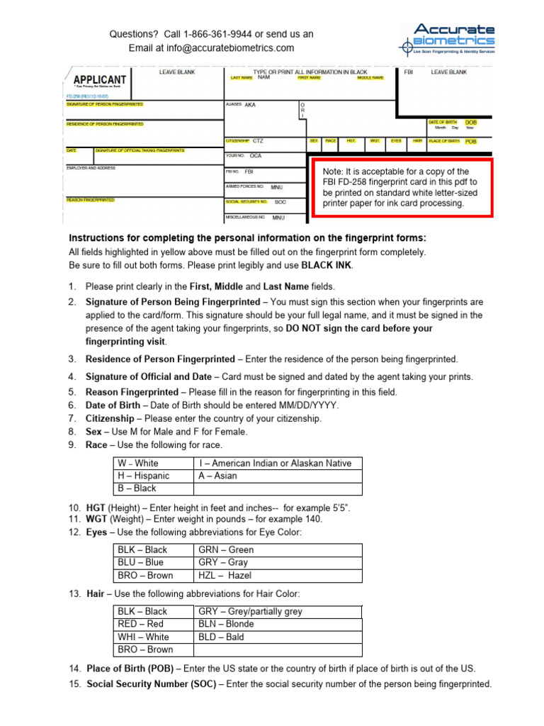 FD-258 Card W Instructions | PDF | Race And Ethnicity In The United ...