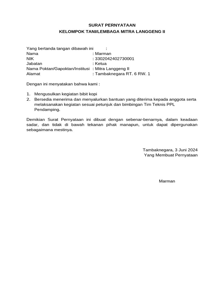 Surat Pernyataan Poktan | PDF