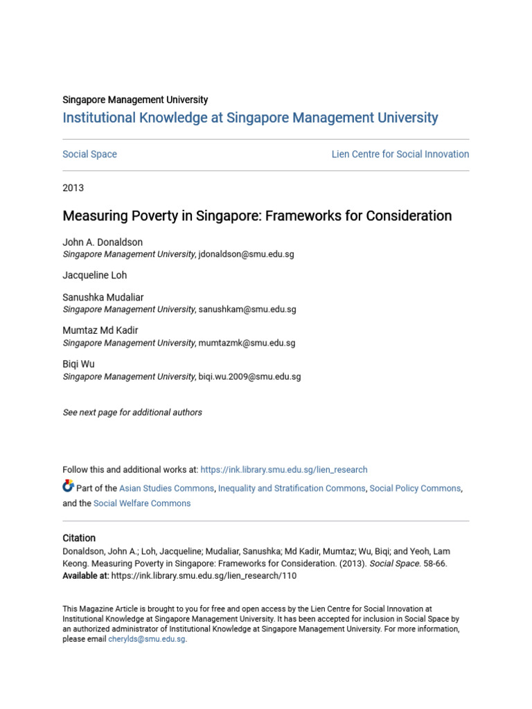 Measuring Poverty in Singapore - Frameworks For Consideration | PDF