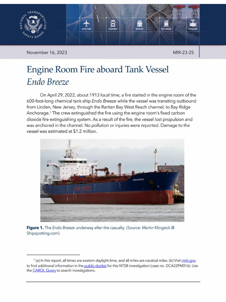 REPORT 01 Engine Room Fire Aboard Tank Vessel Endo Breeze | PDF