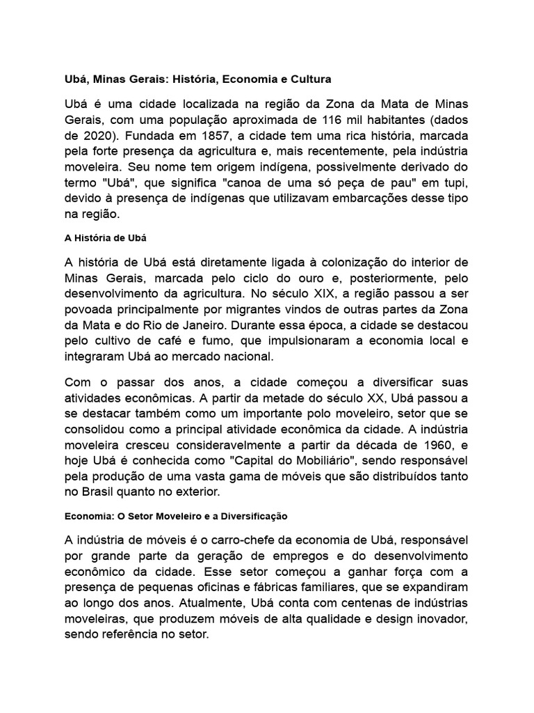 Ubá, Minas Gerais - História, Economia e Cultura | PDF