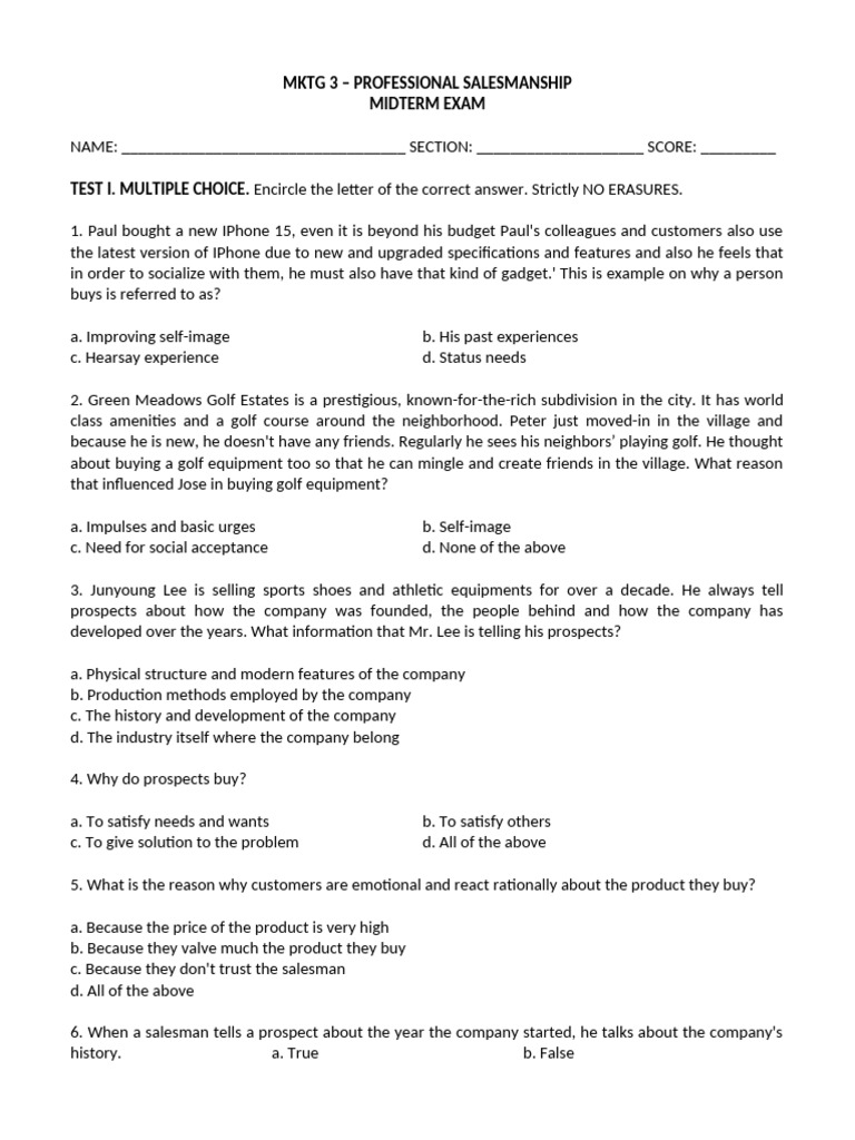 MKTG3 - Professional Salesmanship MIDTERM Exam | PDF