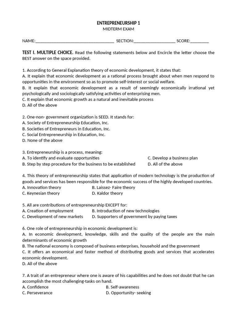 ENTREPRENEURSHIP - Midterm Exam | PDF