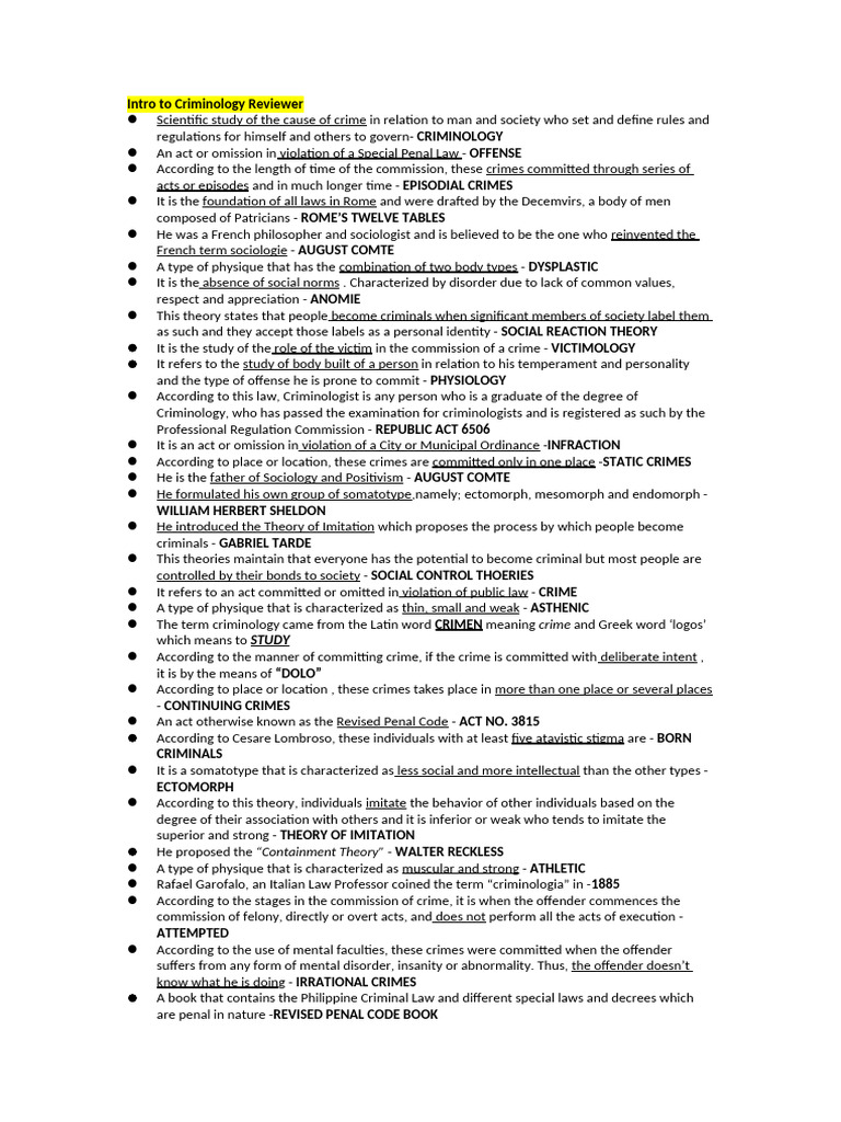 Intro To Criminology Reviewer | PDF