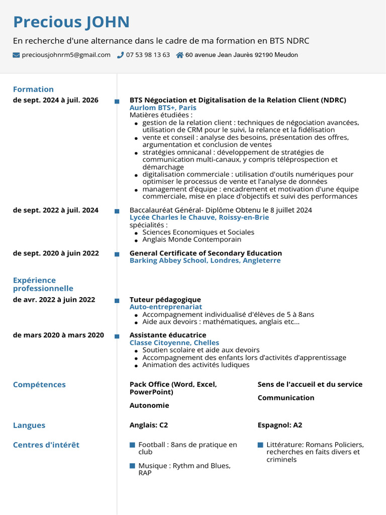 BTS NDRC - CV de Precious JOHN - 77000_edited | PDF