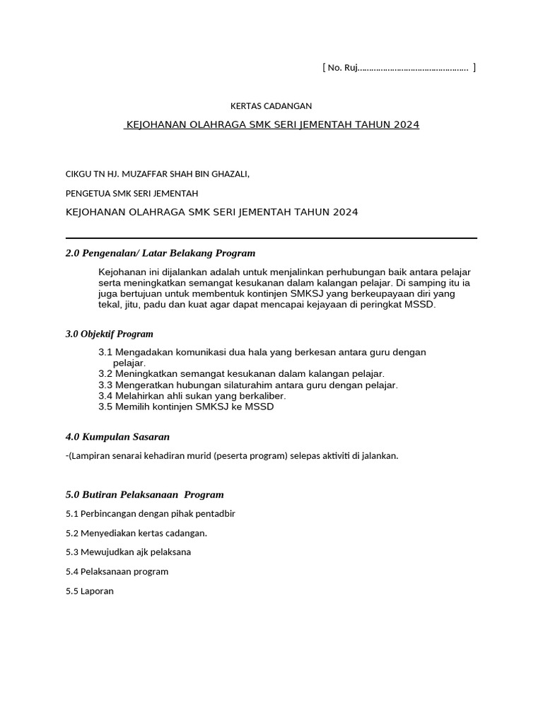 Kertas Kerja Kej - Olahraga SMKSJ Ke-21 Tahun 2024 | PDF