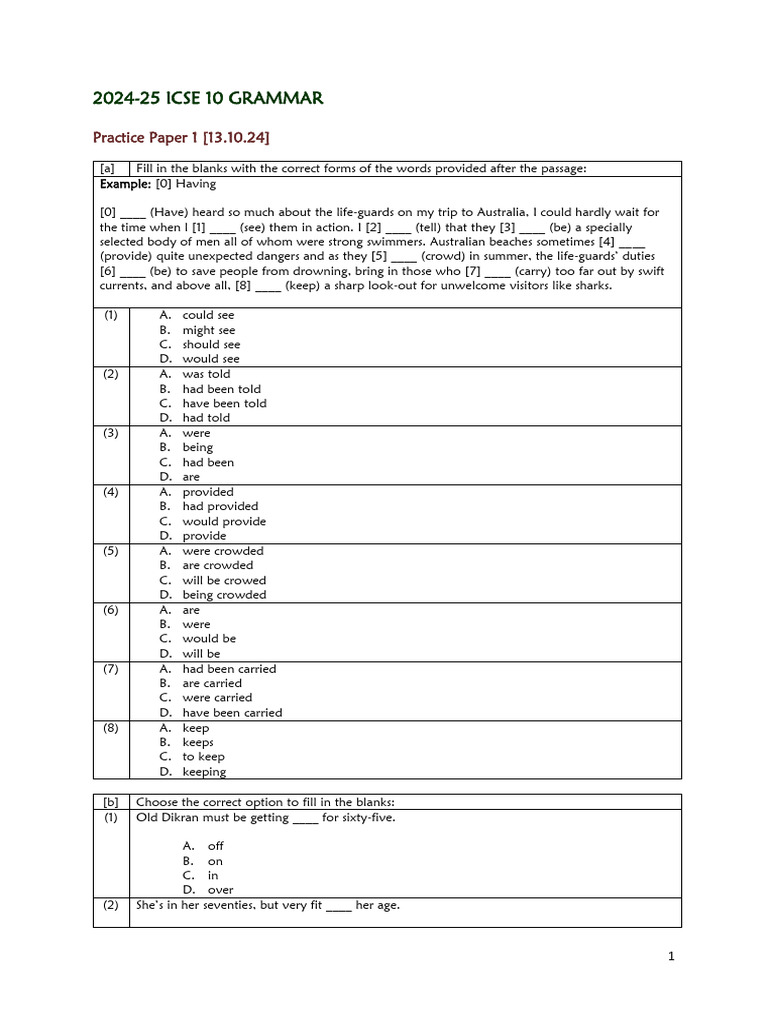 ICSE 10 Grammar Practice Paper 2024-25 | PDF