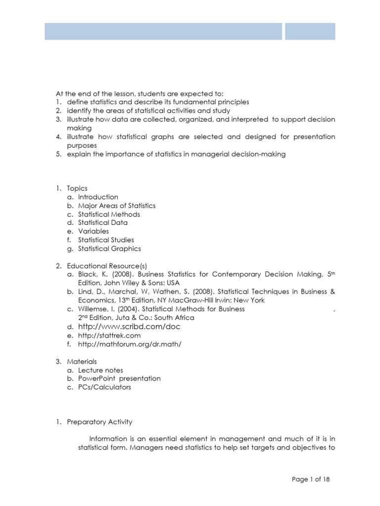 Review of Elementary Statistics Topics - Module I | PDF