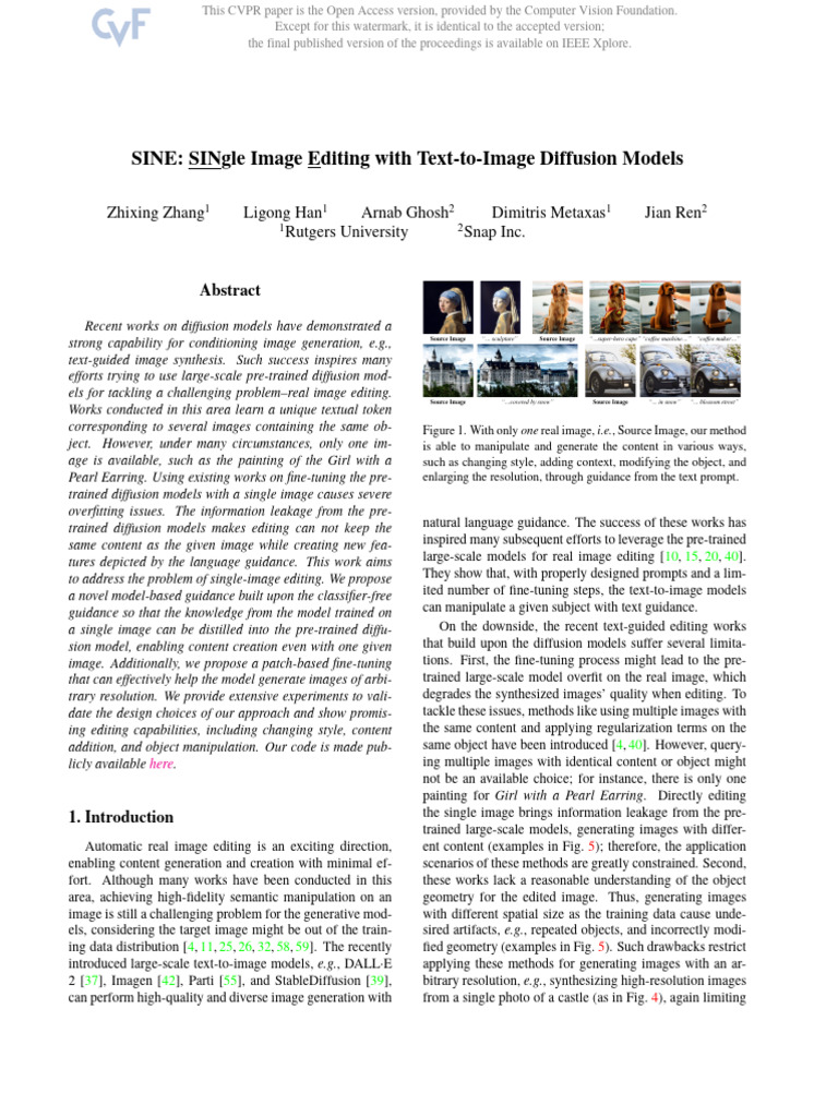 Zhang SINE SINgle Image Editing With Text-to-Image Diffusion Models CVPR 2023 Paper | PDF